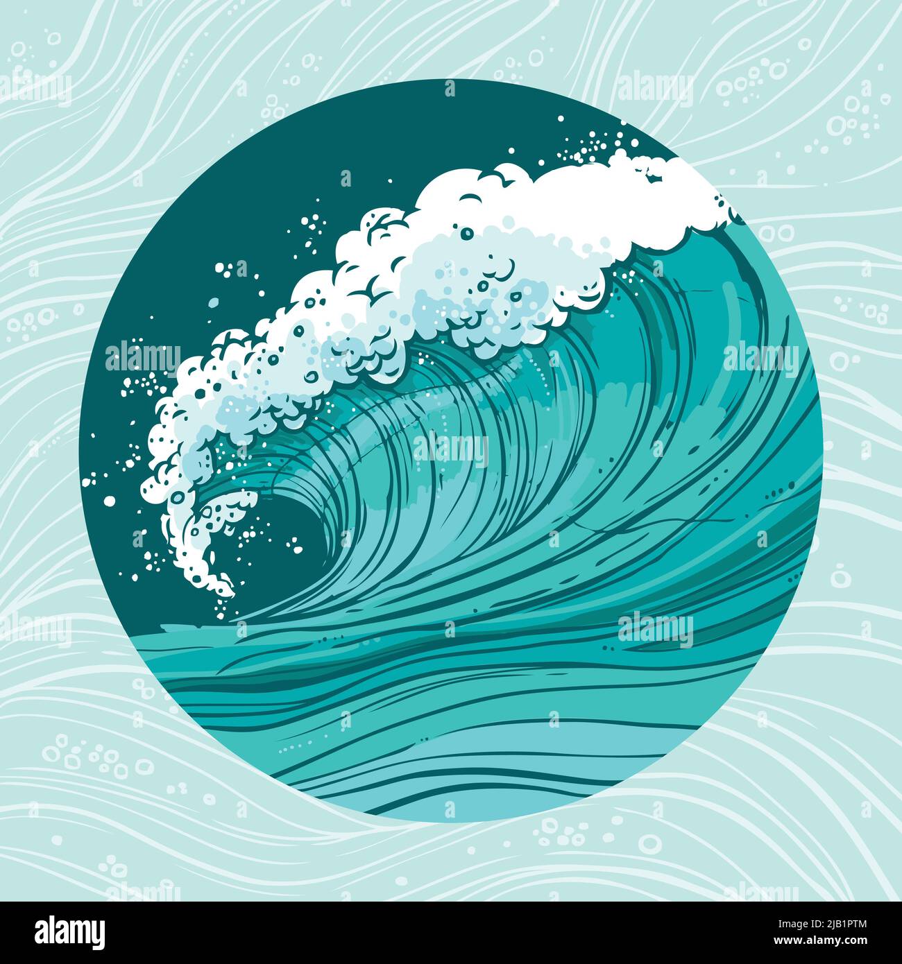 Sketch sea ocean water wave in circle shape colored background vector ...