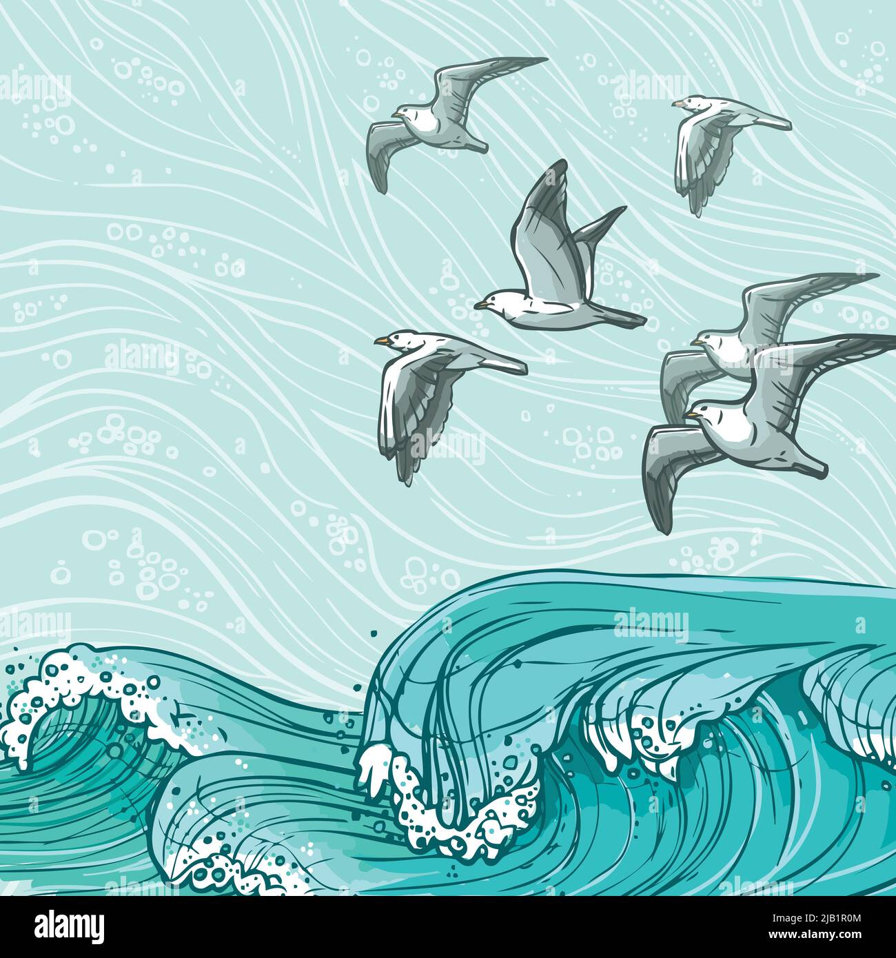 Waves flowing water sketch sea ocean and flying seagull birds colored ...
