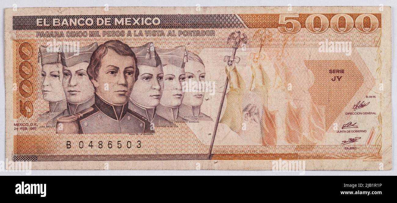Banknote for 5000 pesos; Banco de Mexico, Mexico, February 24, 1987 ...