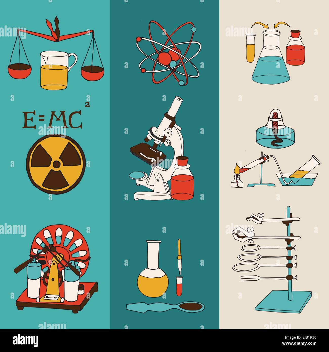 Science chemistry and physics scientific research lab equipment colored ...
