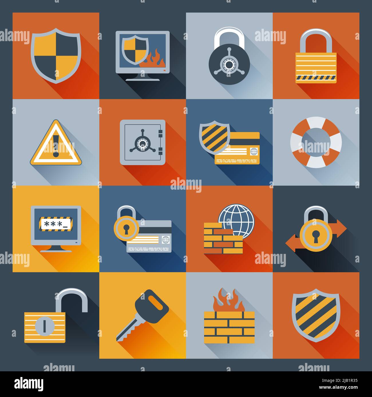 Security computer network data safe flat icons set with firewall monitor padlock elements ...