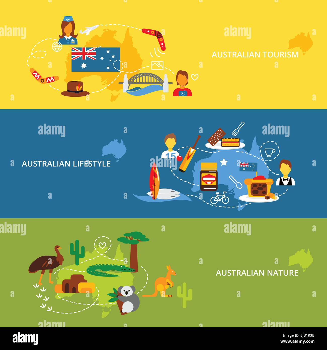 Australia travel flat banner set with australian tourism lifestyle ...