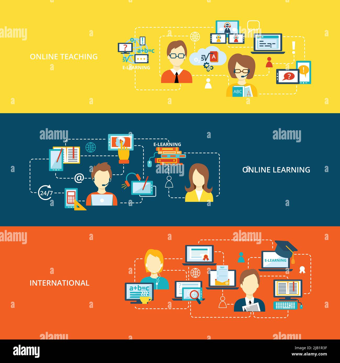 E-learning flat banner set with international online teaching learning ...
