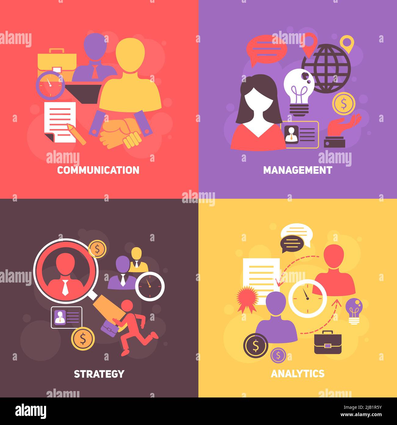 Job interview flat icons set with communication management strategy ...