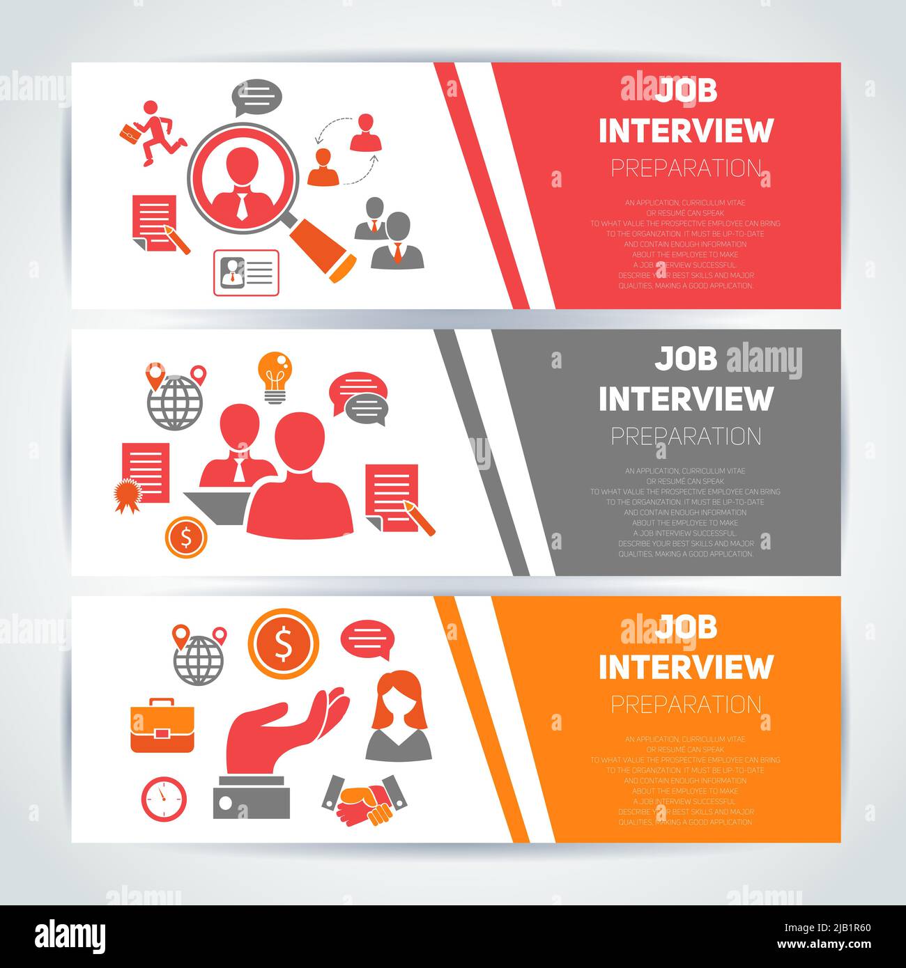 Job interview preparation flat banner horizontal set with search ...