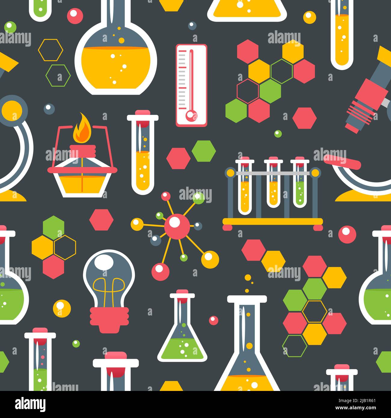 Chemistry colored seamless pattern with scientific research glassware ...