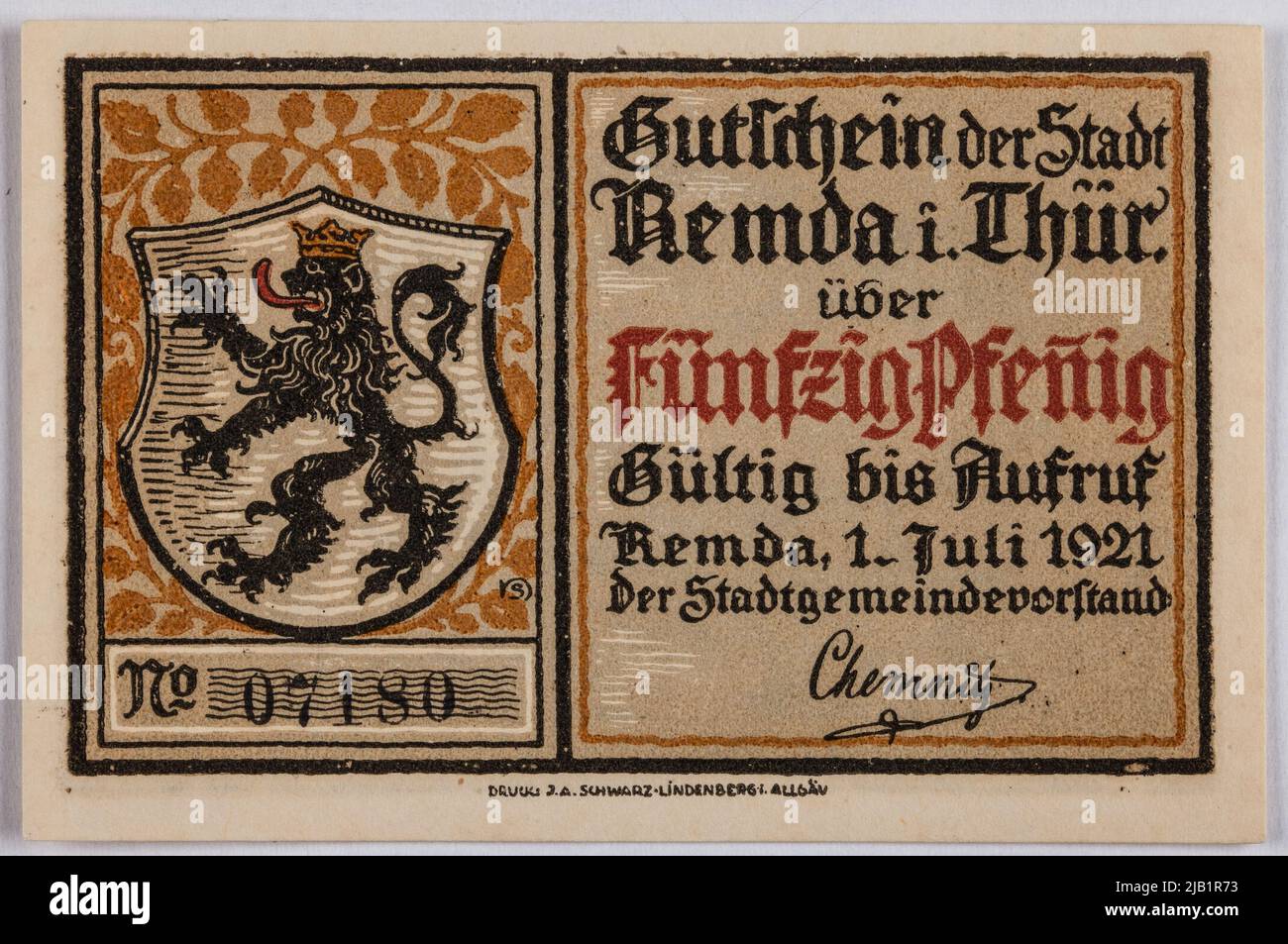 Replacement voucher for 50 Pfennig, Stadt, Reda, Germany, 1.07.1921. A ...