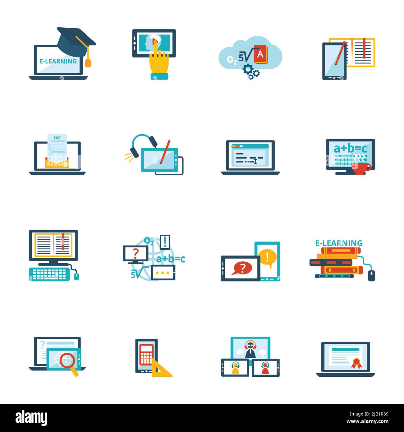 Online education e-learning video tutorial training flat icons set ...