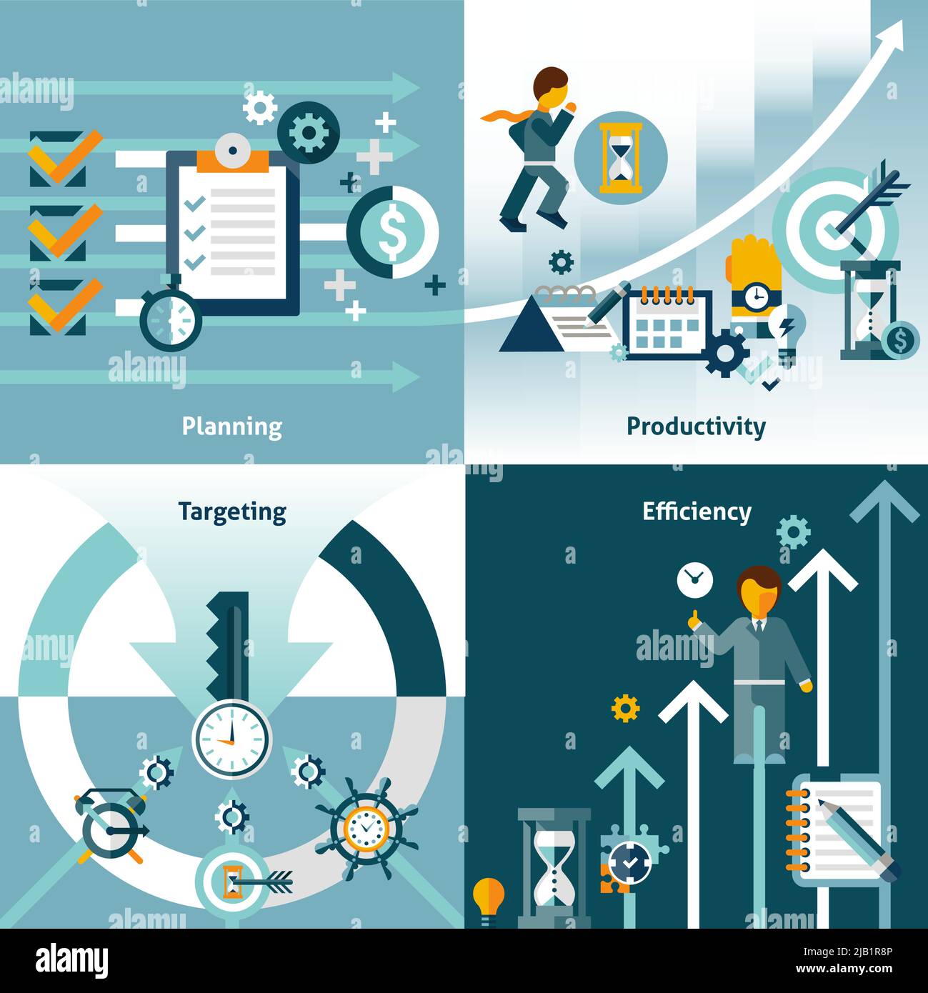 Time management flat icons with planning productivity targeting ...