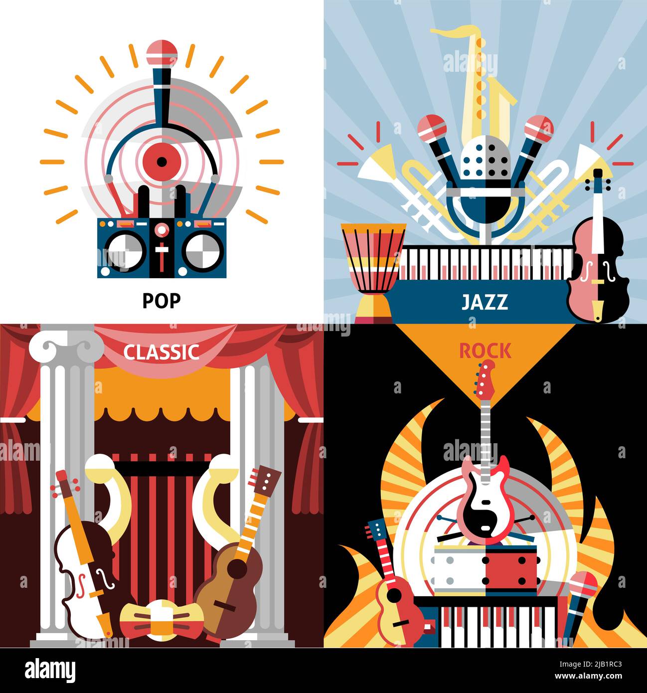 Musical instruments flat icons set with pop jazz classic rock isolated ...