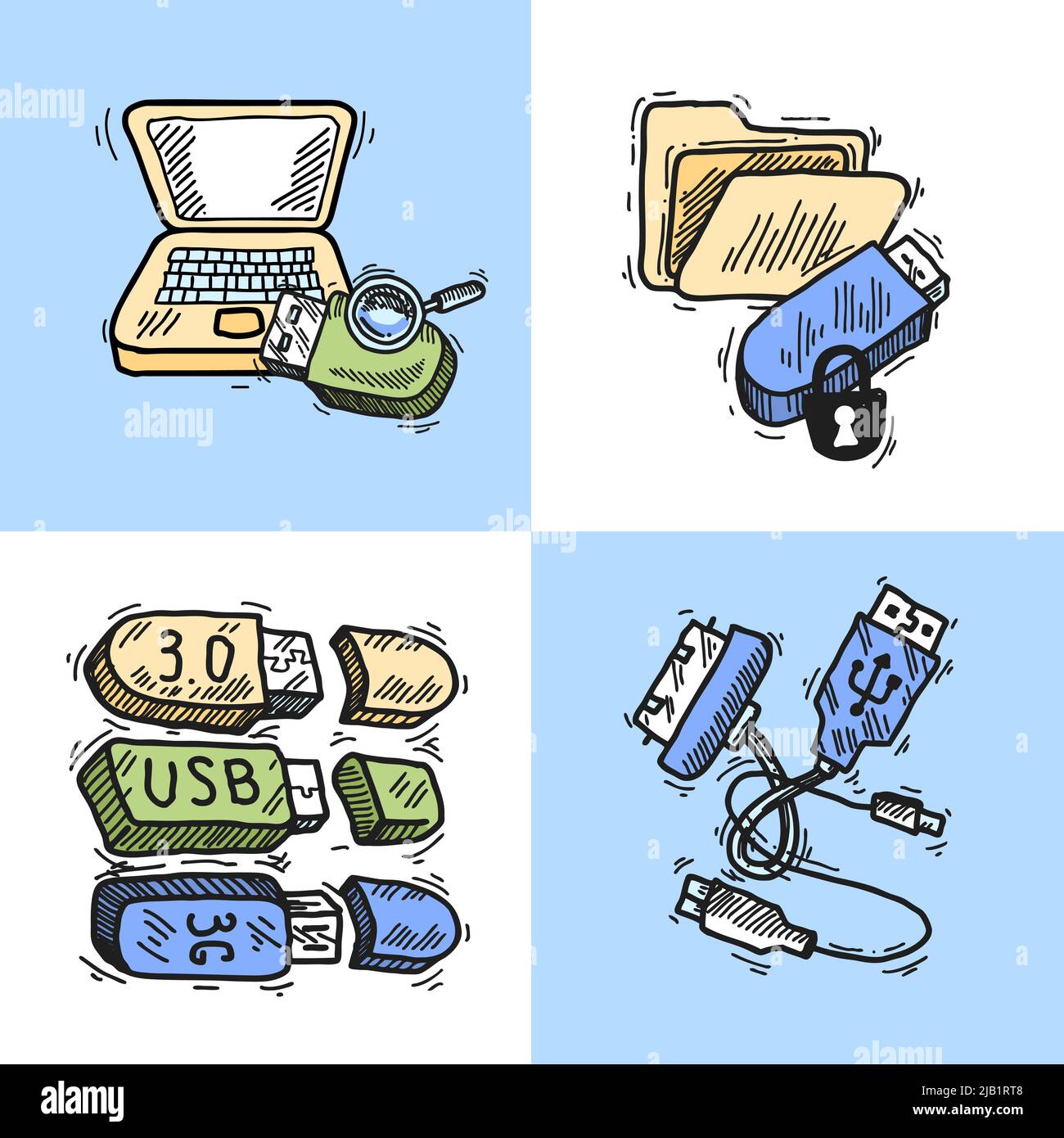 Usb and computer data transfer technology sketch design concept set ...