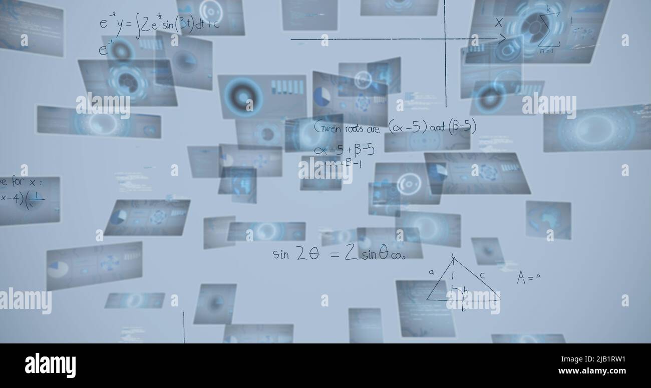 Image of mathematical equations and data processing on white background ...