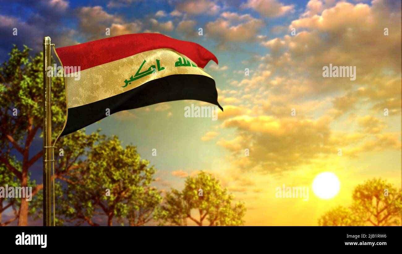 waving flag of Iraq at sunrise for state holiday - abstract 3D ...