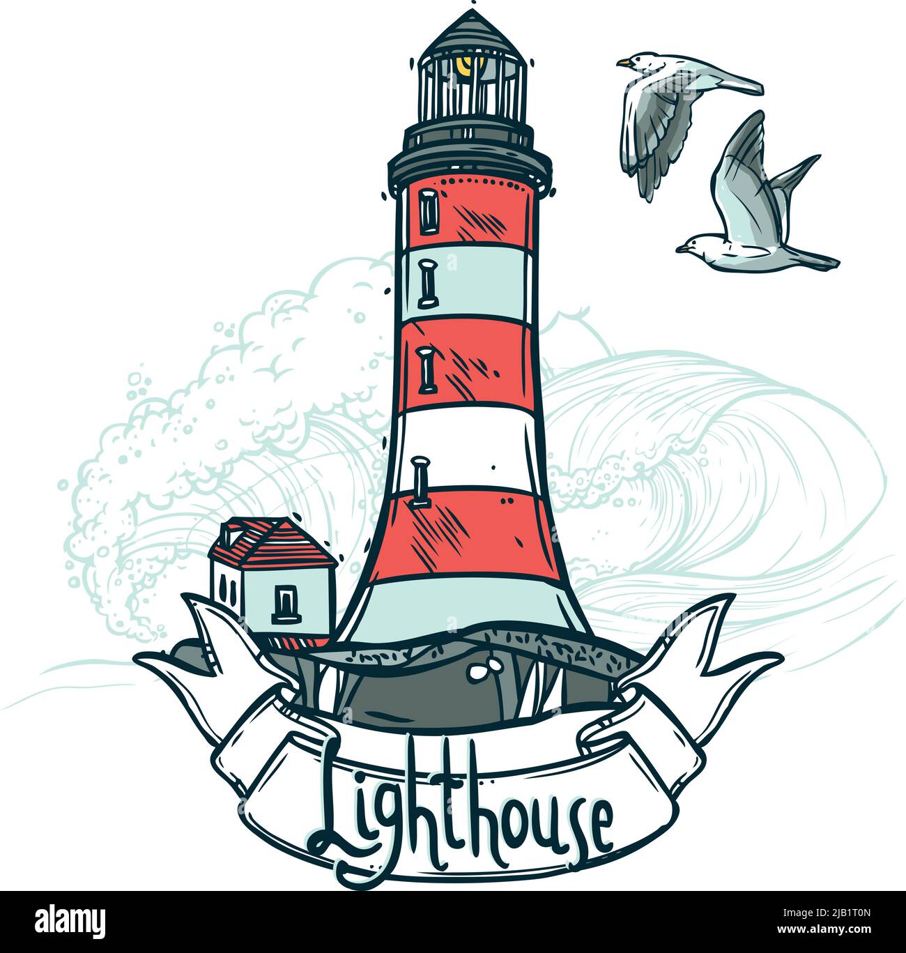 Lighthouse sketch illustration with ribbon seagull and sea waves on ...