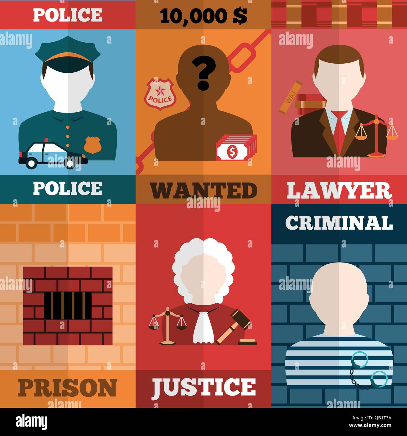Crime and punishment mini poster set with police lawyer prison justice ...