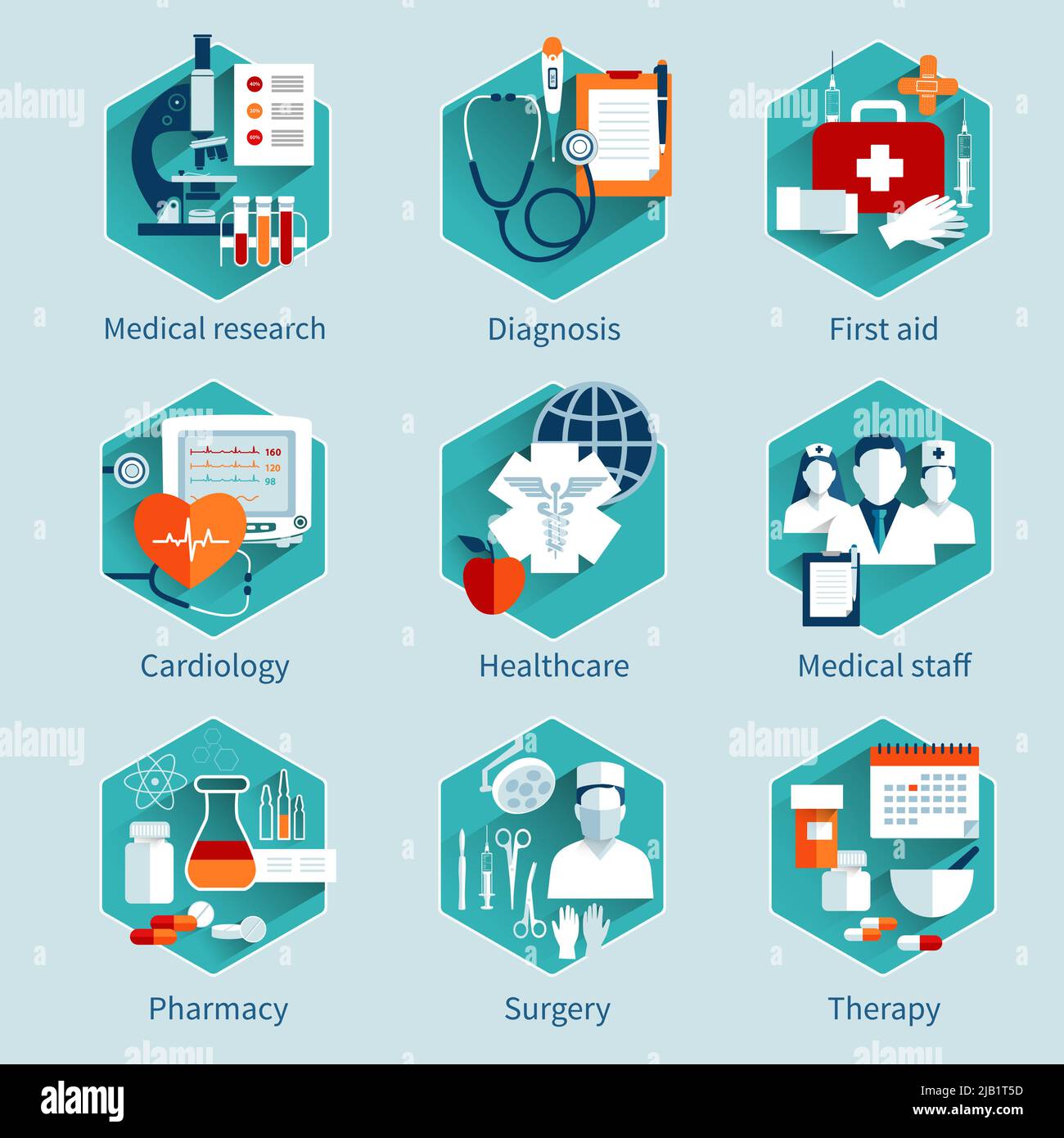 Medical concepts set with research diagnosis first aid icons isolated ...