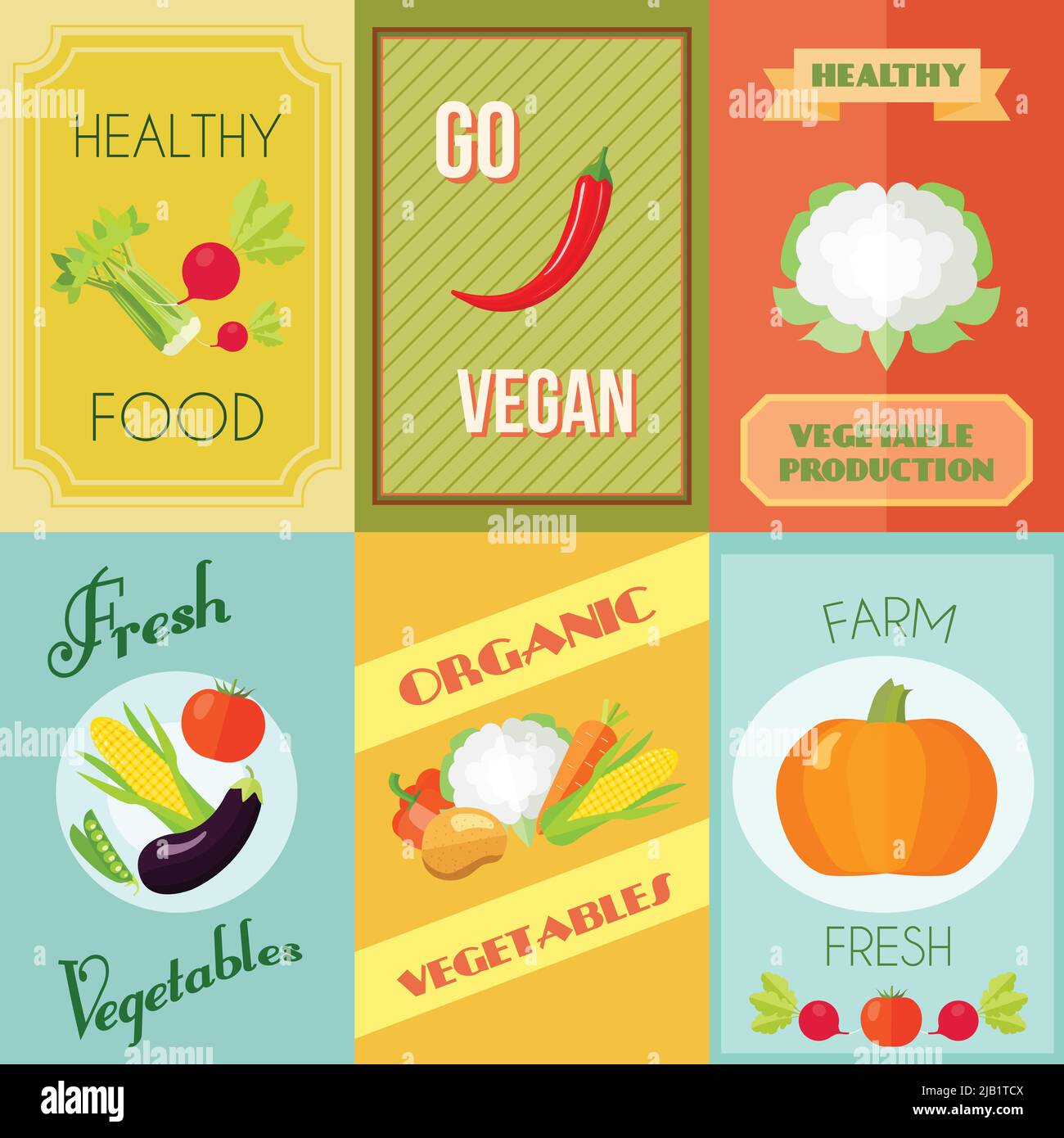 Healthy food vegan and vegetarian mini poster set with farm fresh ...