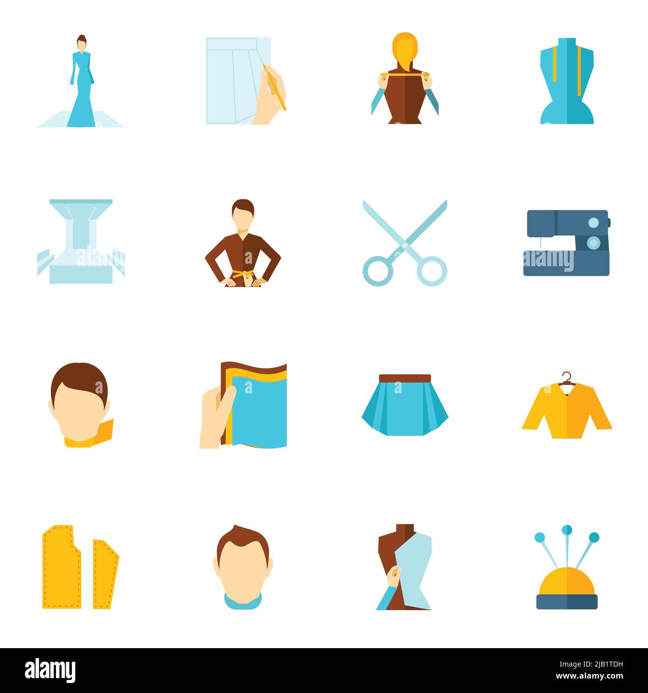 Clothes designer icons flat set with sewing textile and fashion ...