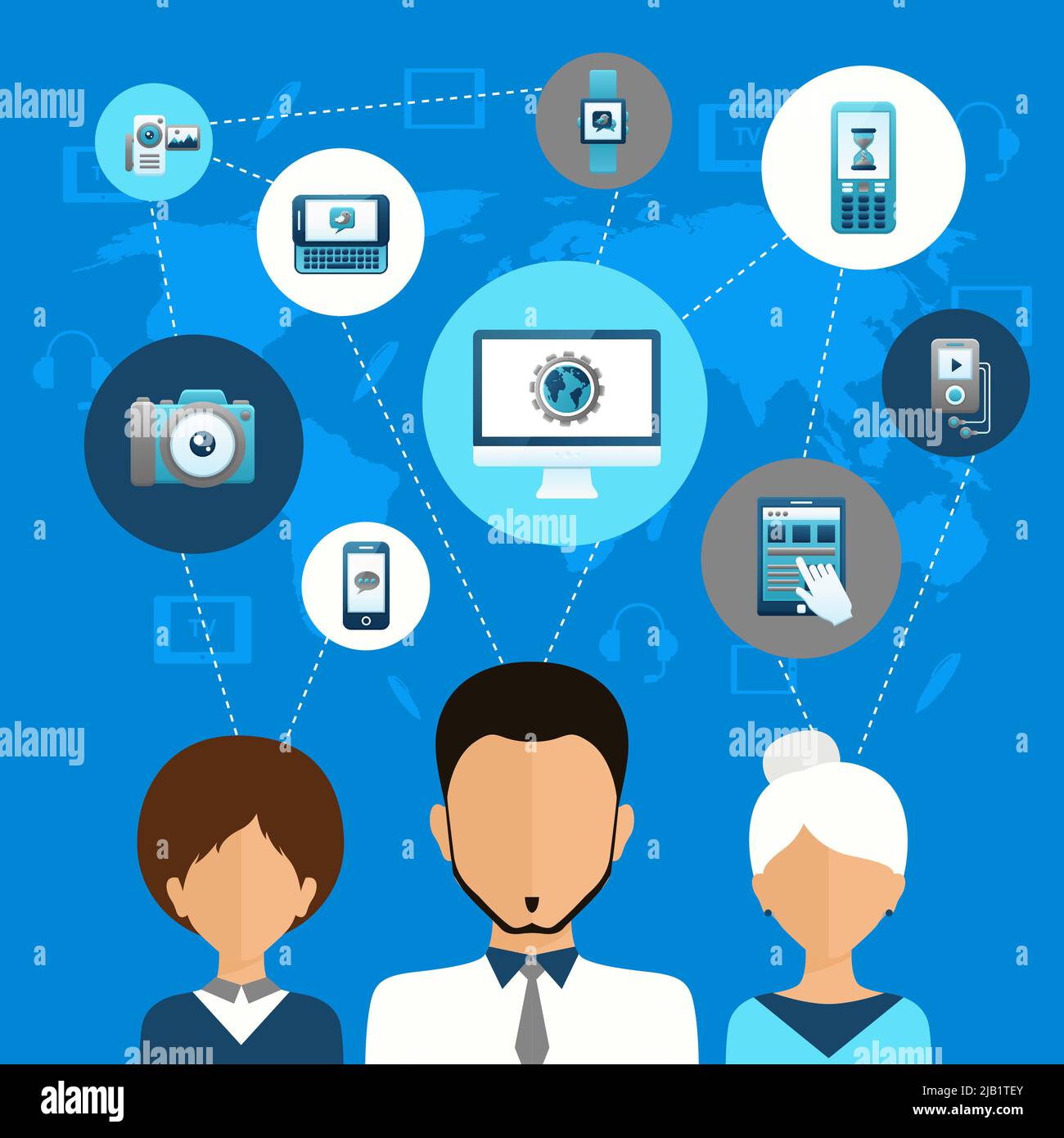 Mobile devices communication concept with male and female avatars and ...