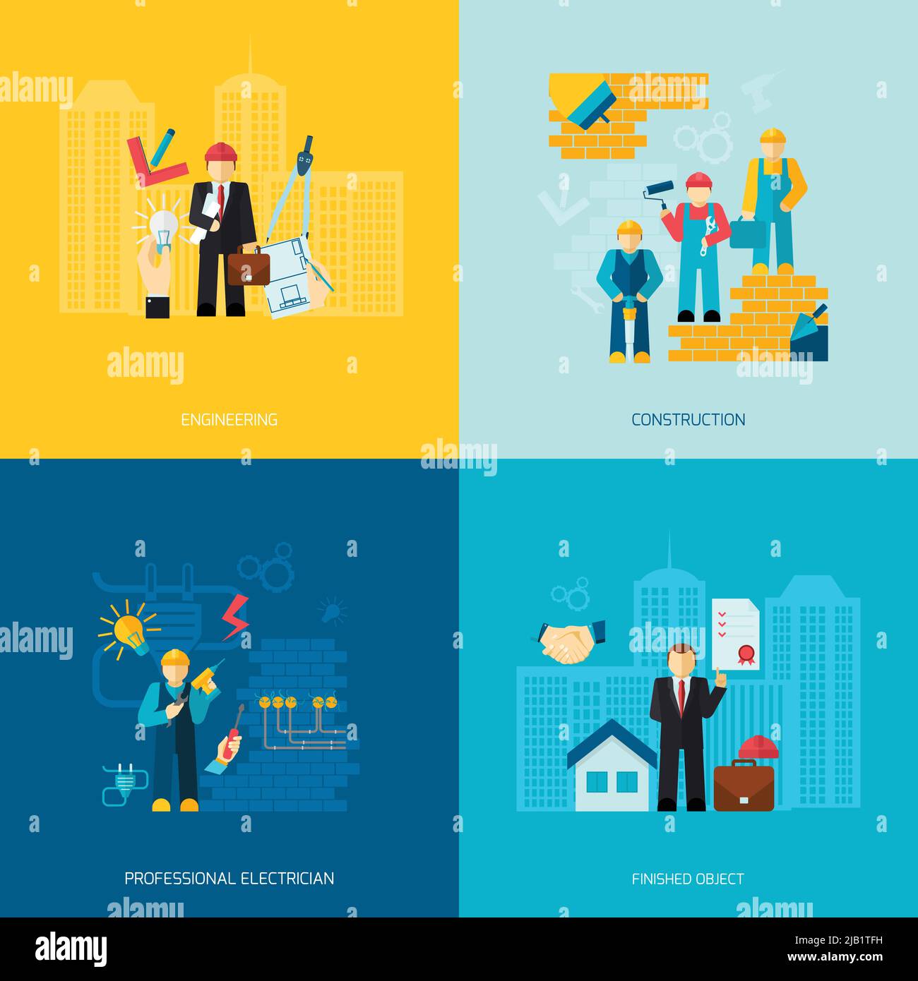 Construction and building professions flat set with engineering ...