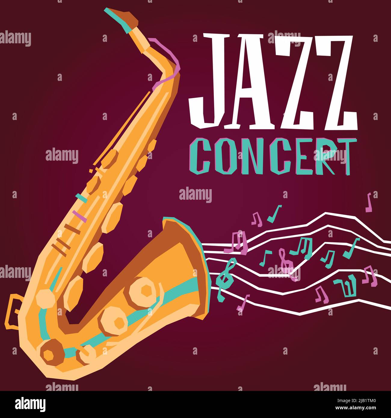 Jazz music concert promo poster with saxophone flat vector illustration ...