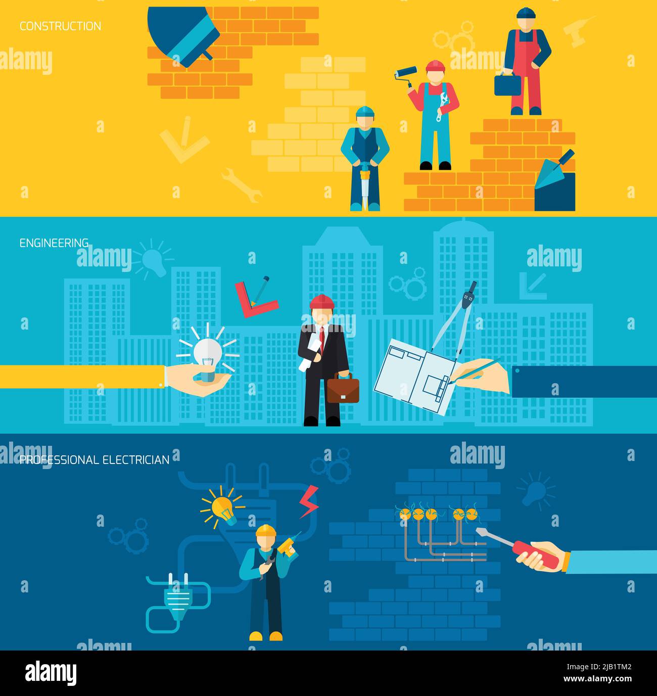 Construction professions banners flat set with engineering and ...