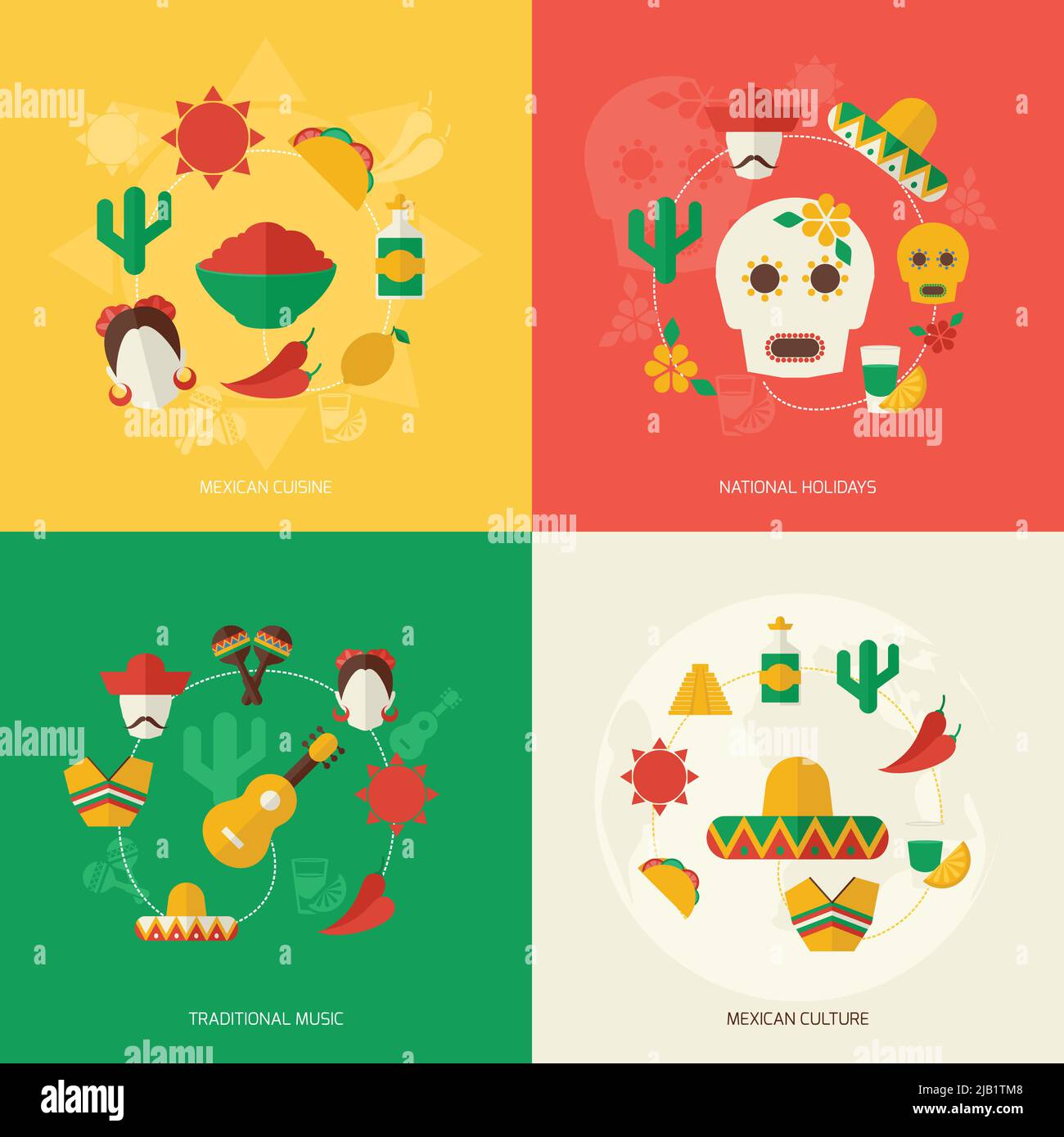 Mexico travel symbols flat icon set with mexican cuisine national ...