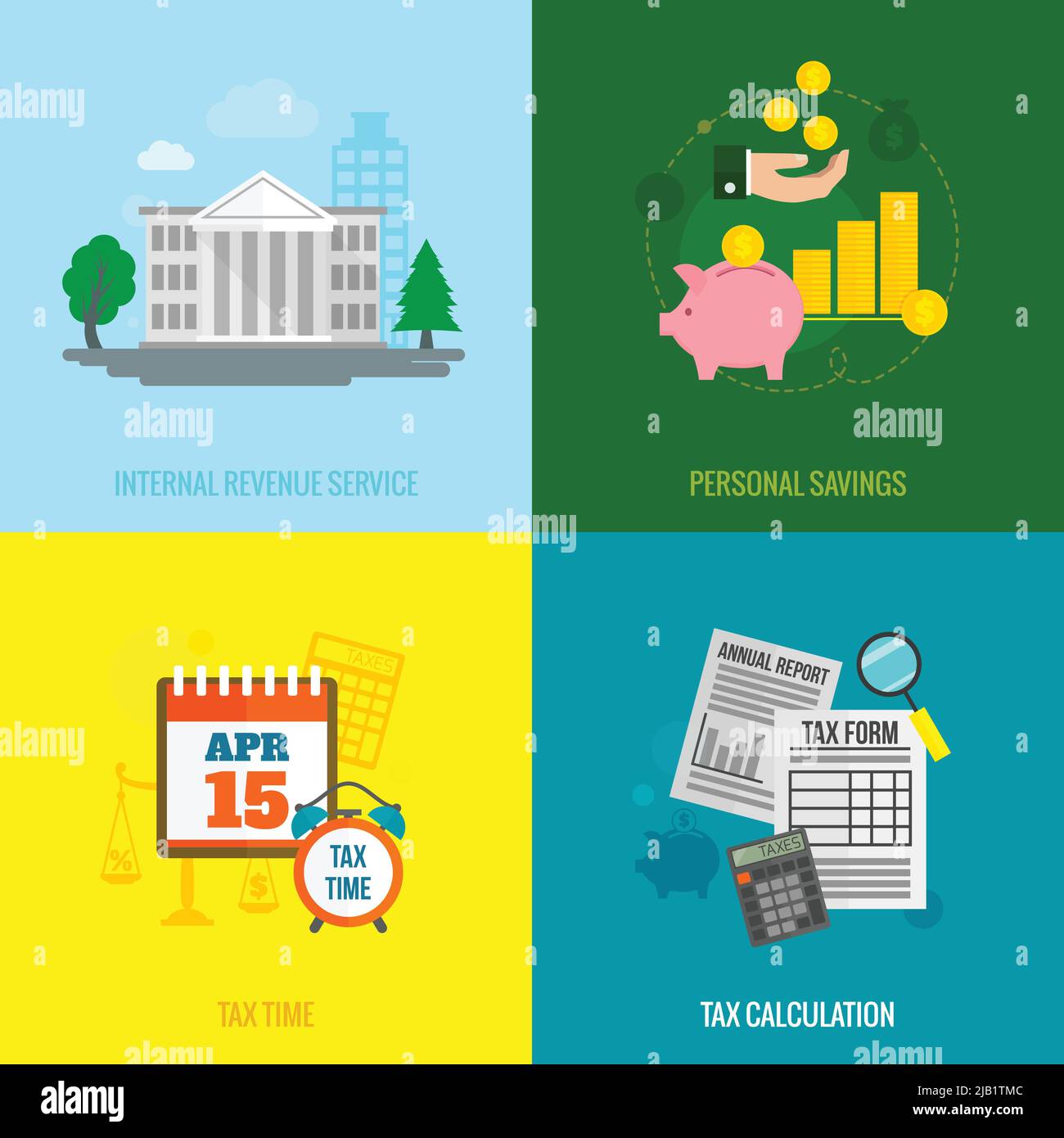 Tax flat icons set with internal revenue service personal savings time ...