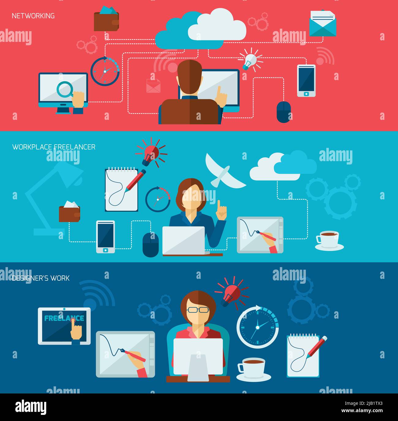 Freelance banner set with networking freelancer workplace designer work ...