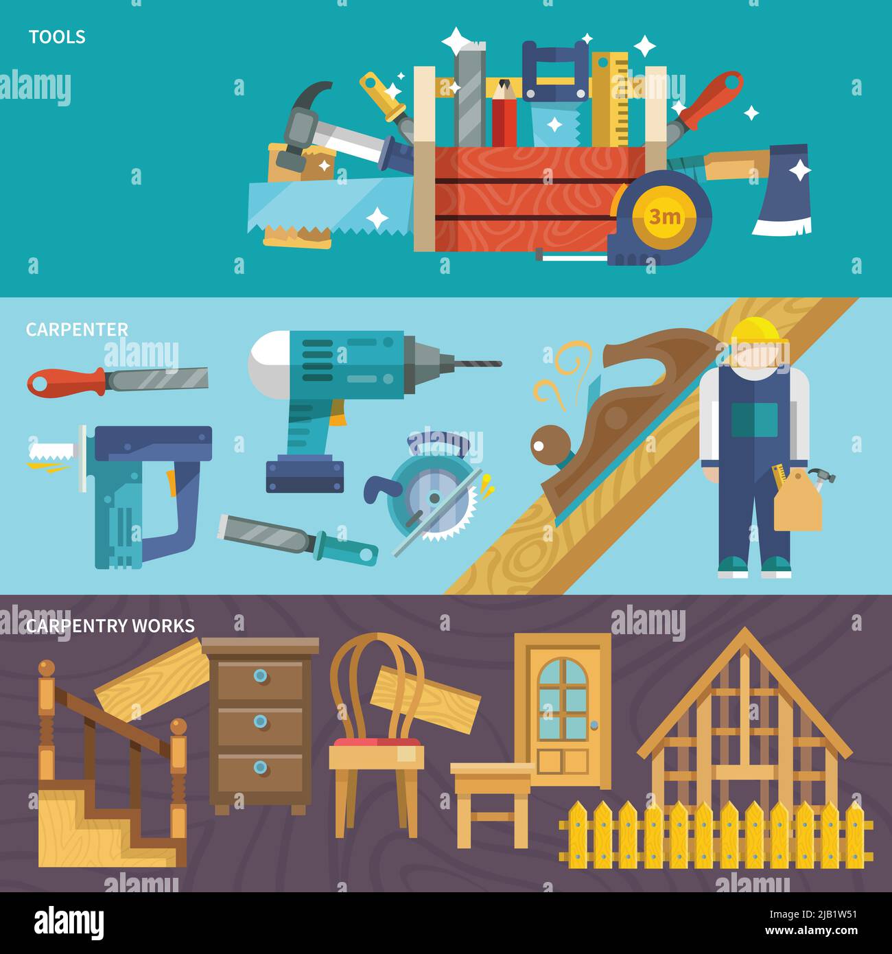 Carpentry works flat banners set with tools carpenter isolated vector ...