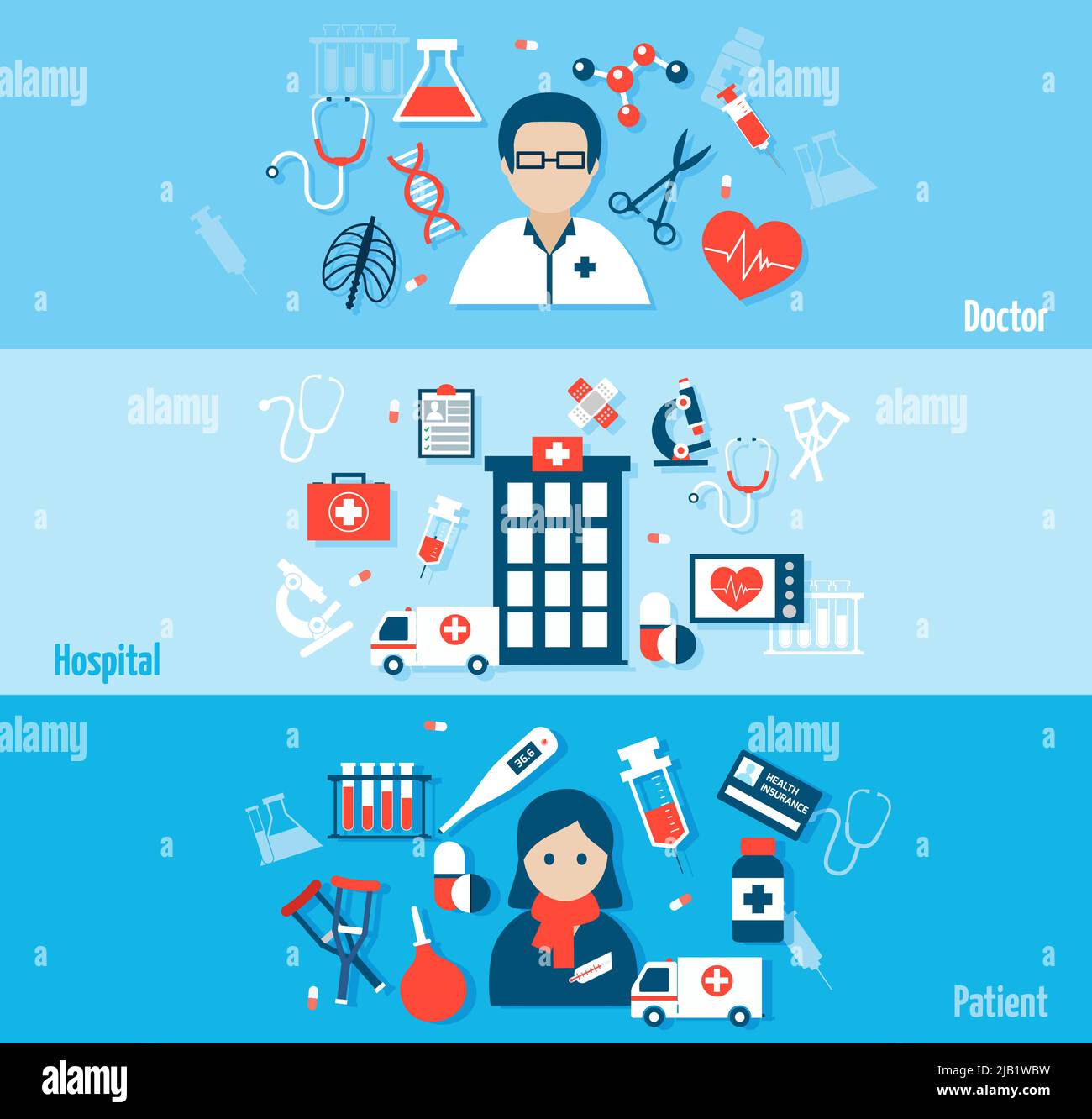 Medical flat banners set with doctor hospital patient element isolated ...