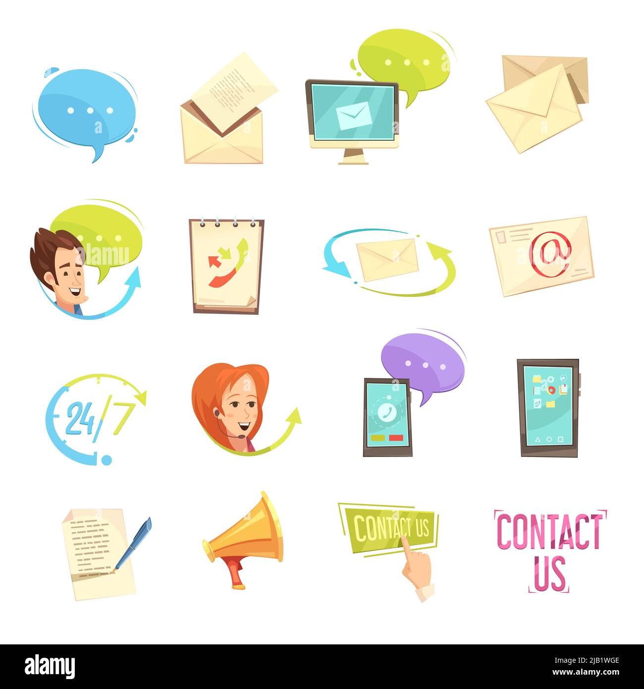 Contact us retro cartoon icons set with call center email feedback ...
