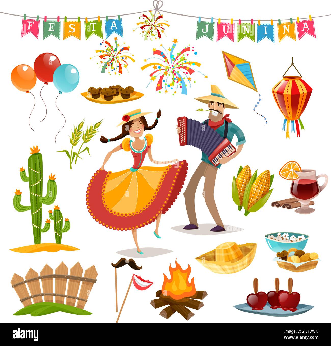 Colored and isolated festa junina icon set Brazil bright holiday ...