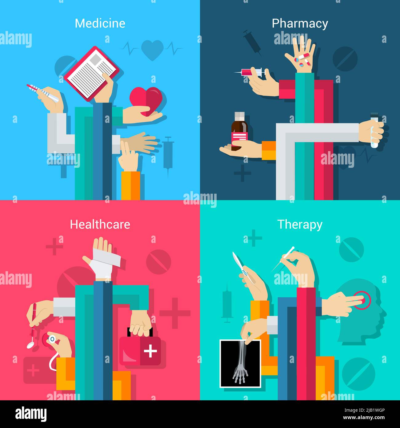 Medical hands flat icons set with medicine pharmacy healthcare therapy ...