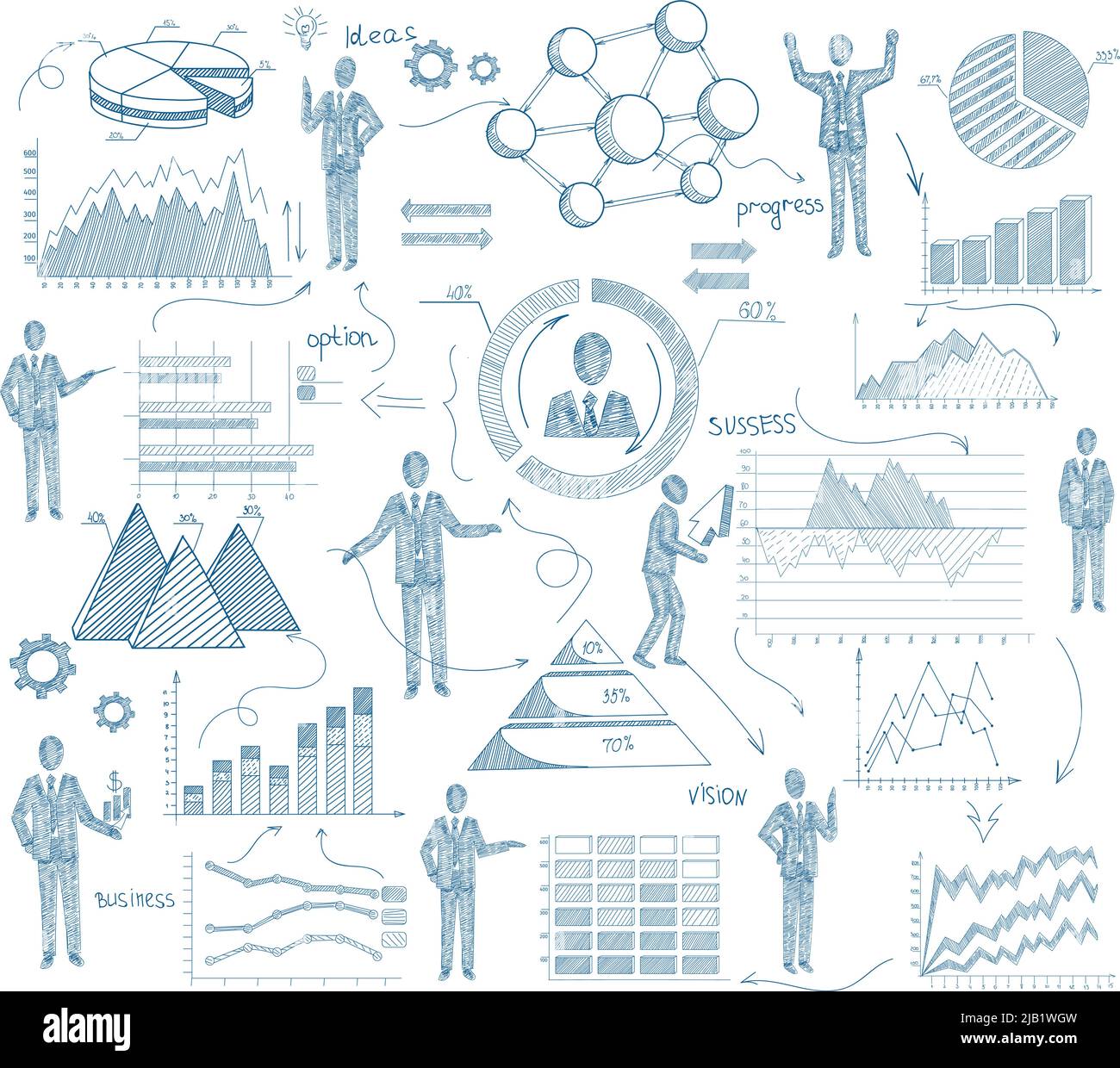 Business management concept with sketch people and charts vector ...