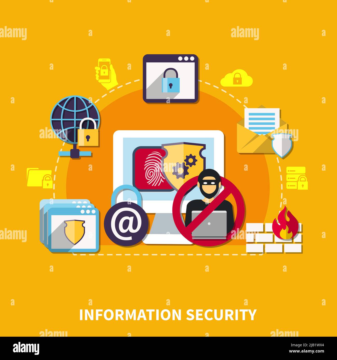Information security concept with protection symbols on yellow ...