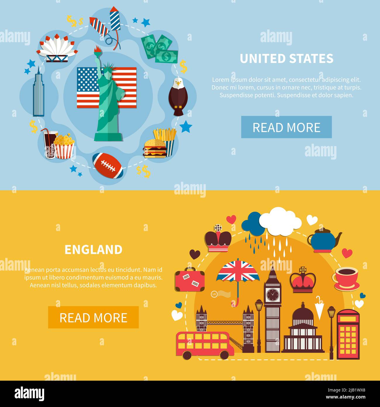 England and united states horizontal banners with decorative icons set ...