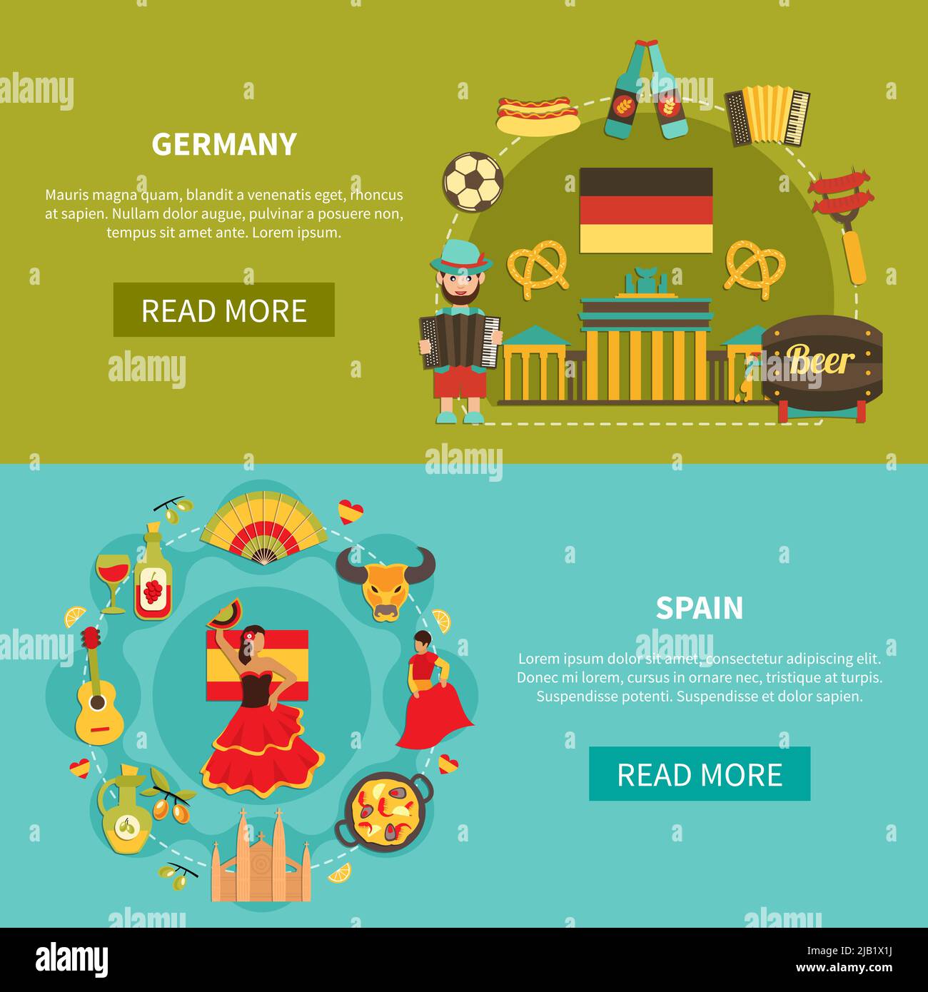 Set of two horizontal travel banners with flat image compositions of ...