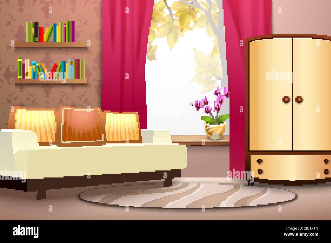 Room cartoon interior with sofa wardrobe curtains and books vector ...