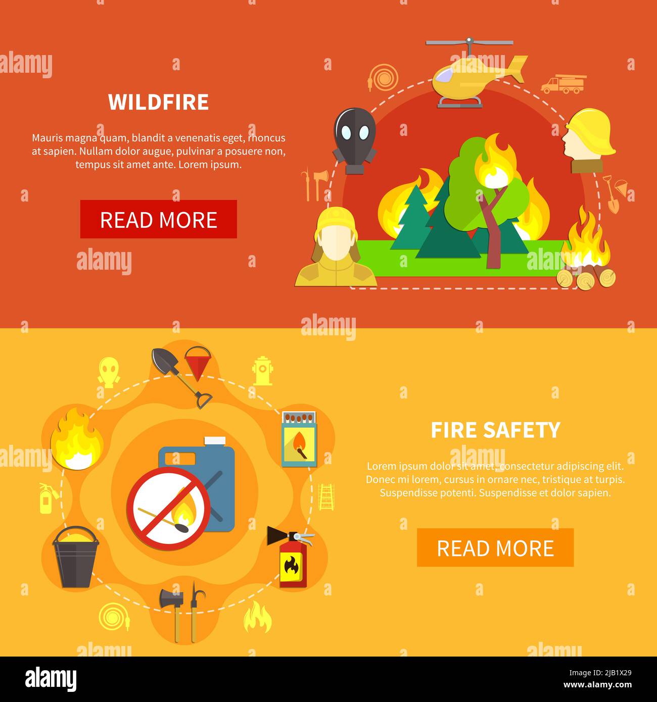 Firefighting safety tools and forest windfire horizontal banners set ...