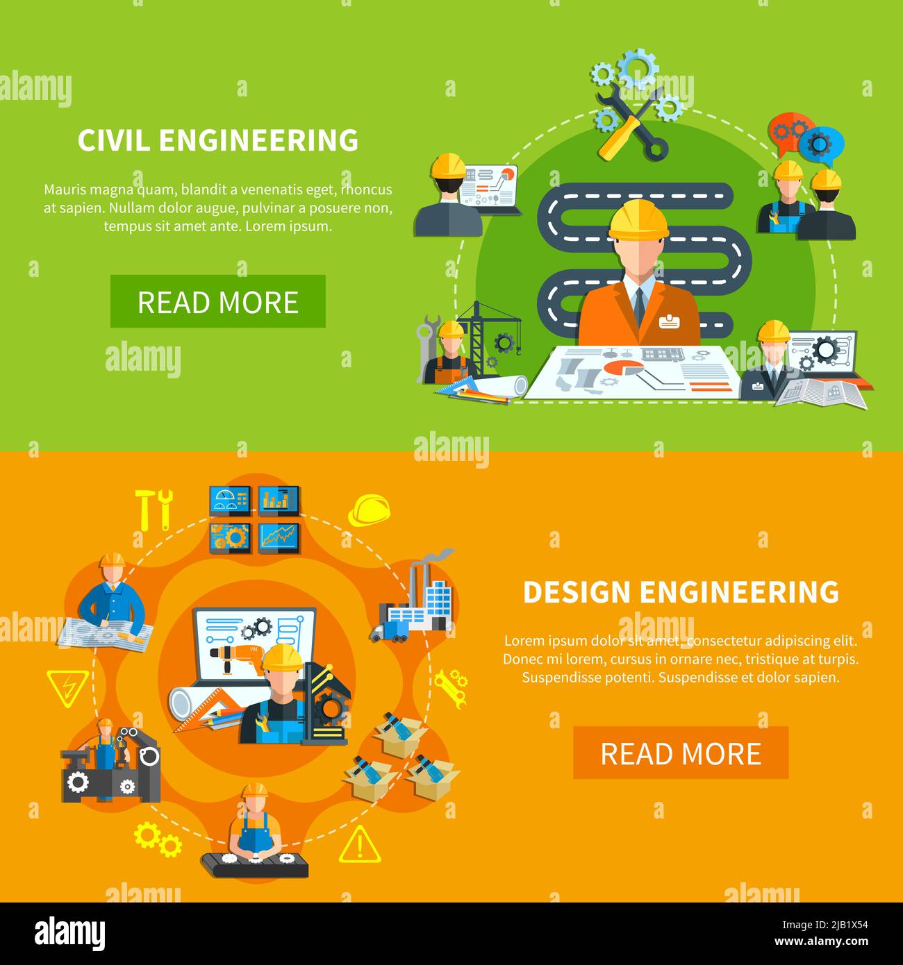 Engineering banners collection with construction projection pictograms ...