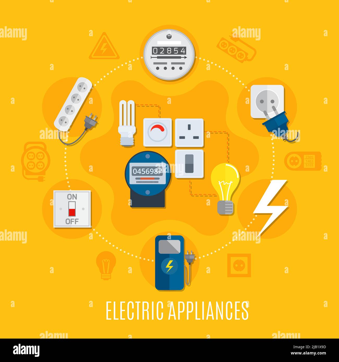 Electric appliances round design with gauges, bulbs, switch, plug ...