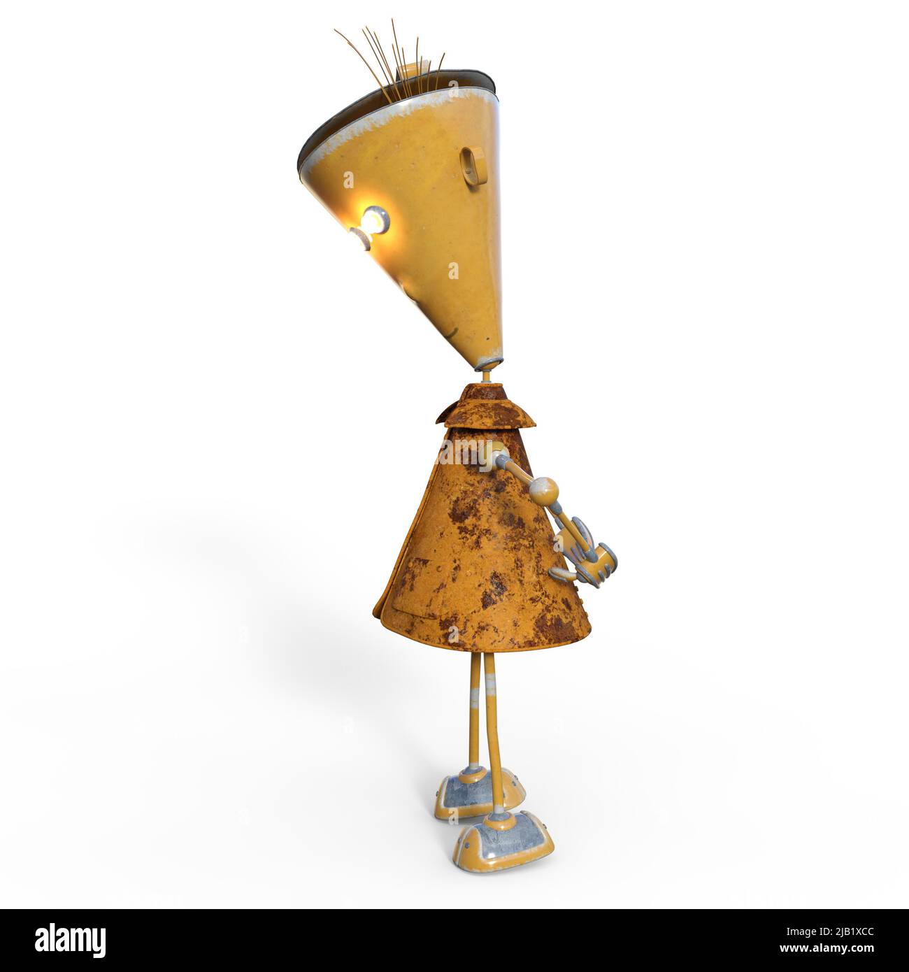 3D-illustration of a cute and funny cartoon robot made from scrap metal ...