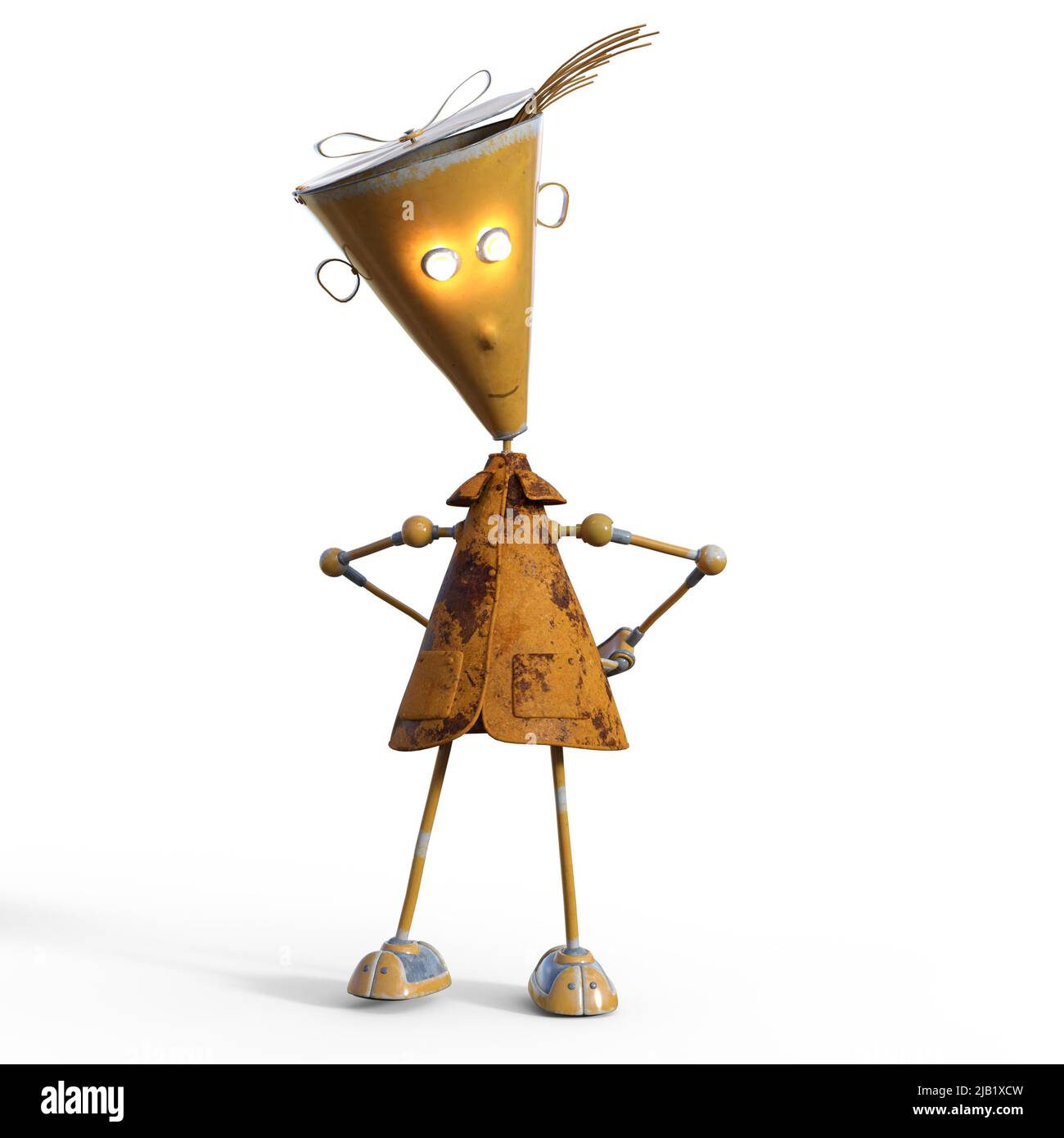 3D-illustration of a cute and funny cartoon robot made from scrap metal ...