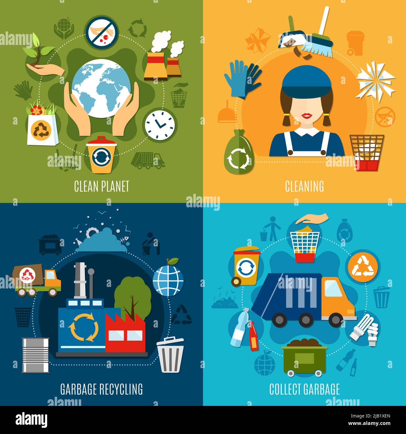 Garbage design concept with four square compositions of flat waste ...