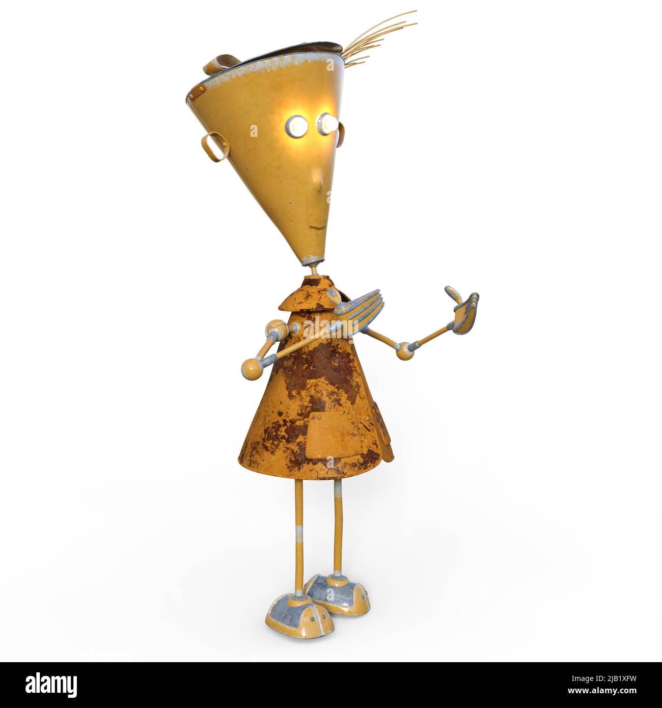 3D-illustration of a cute and funny cartoon robot made from scrap metal ...