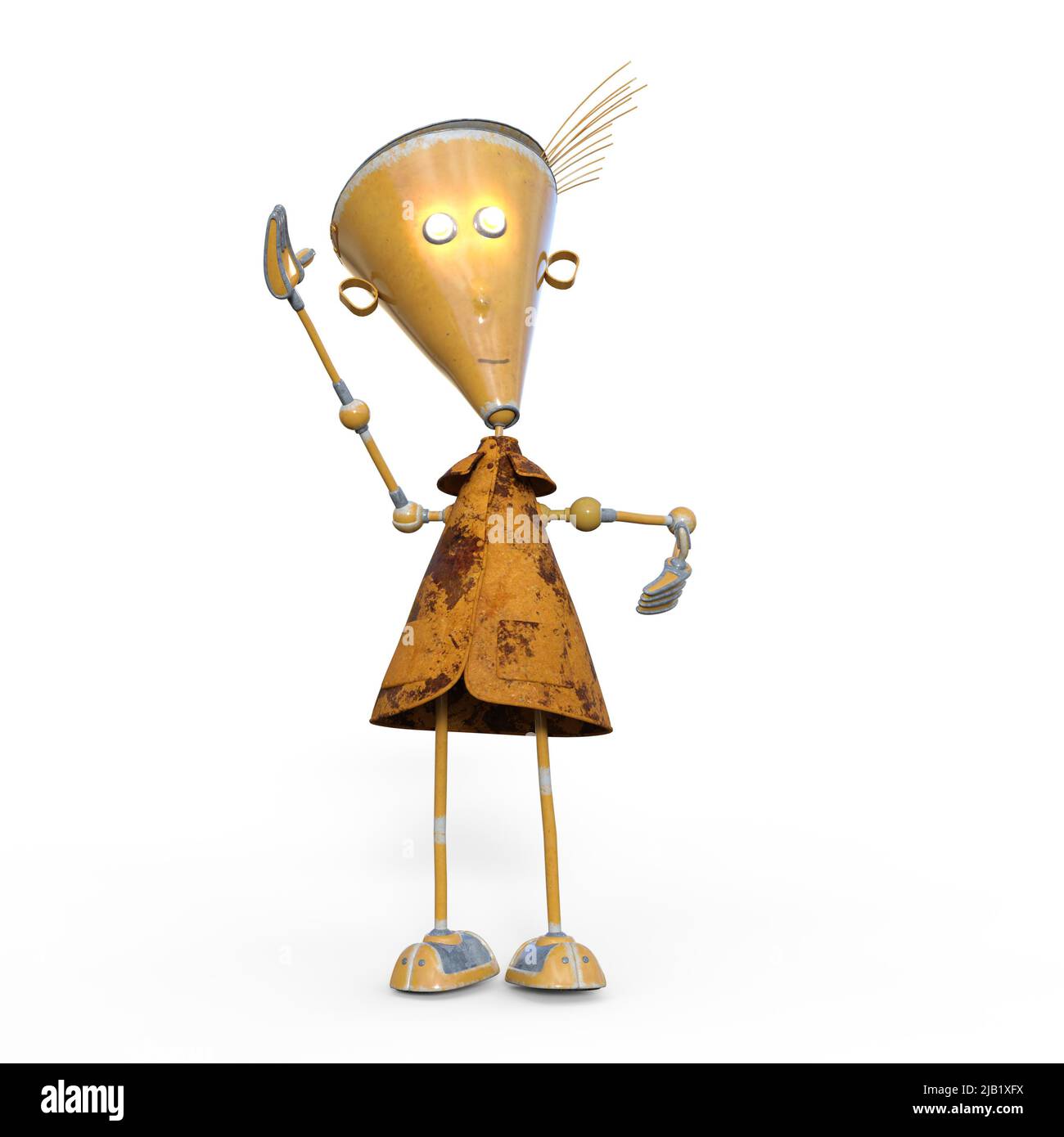 3D-illustration of a cute and funny cartoon robot made from scrap metal ...