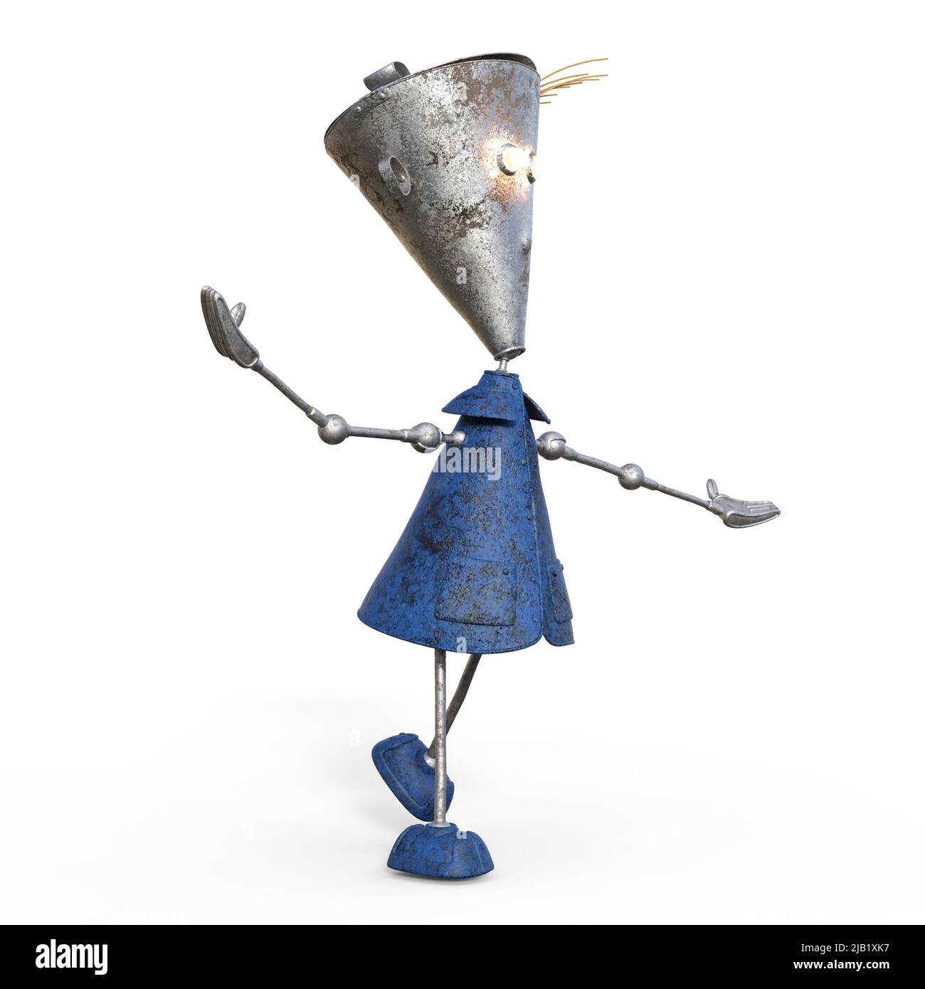 3D-illustration of a cute and funny cartoon robot made from scrap metal ...