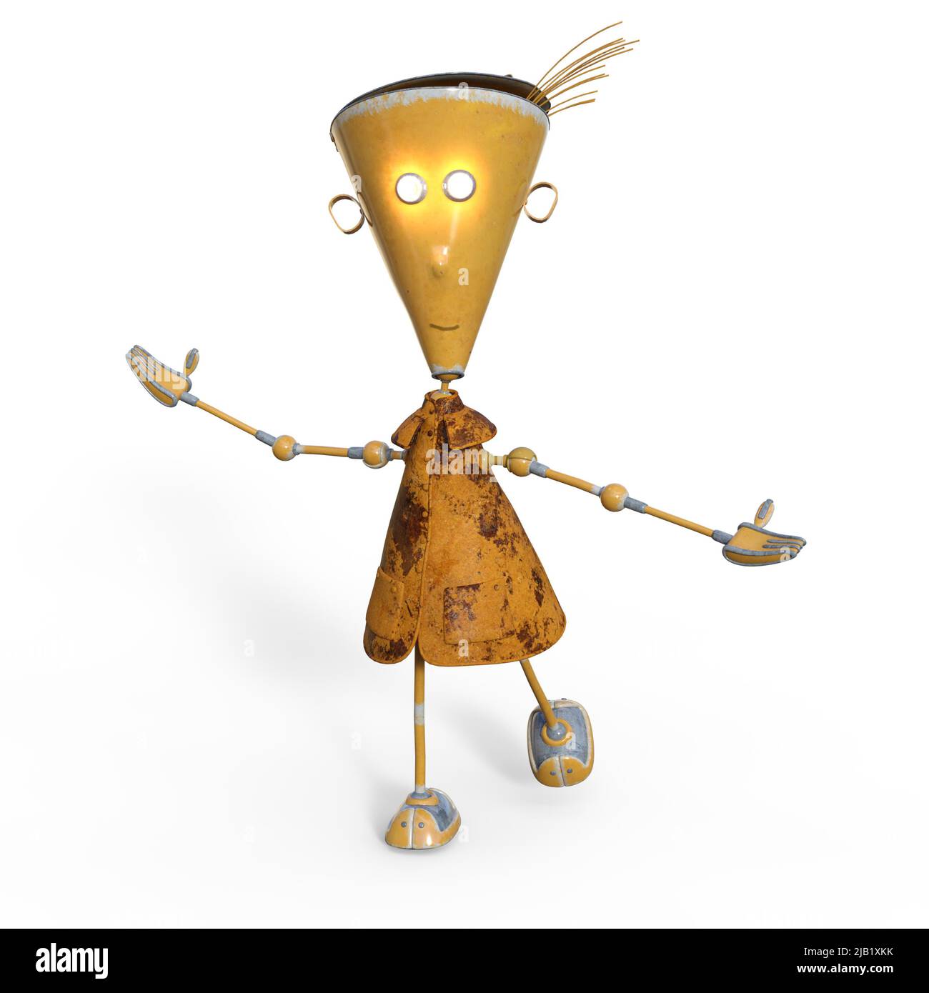 3D-illustration of a cute and funny cartoon robot made from scrap metal ...