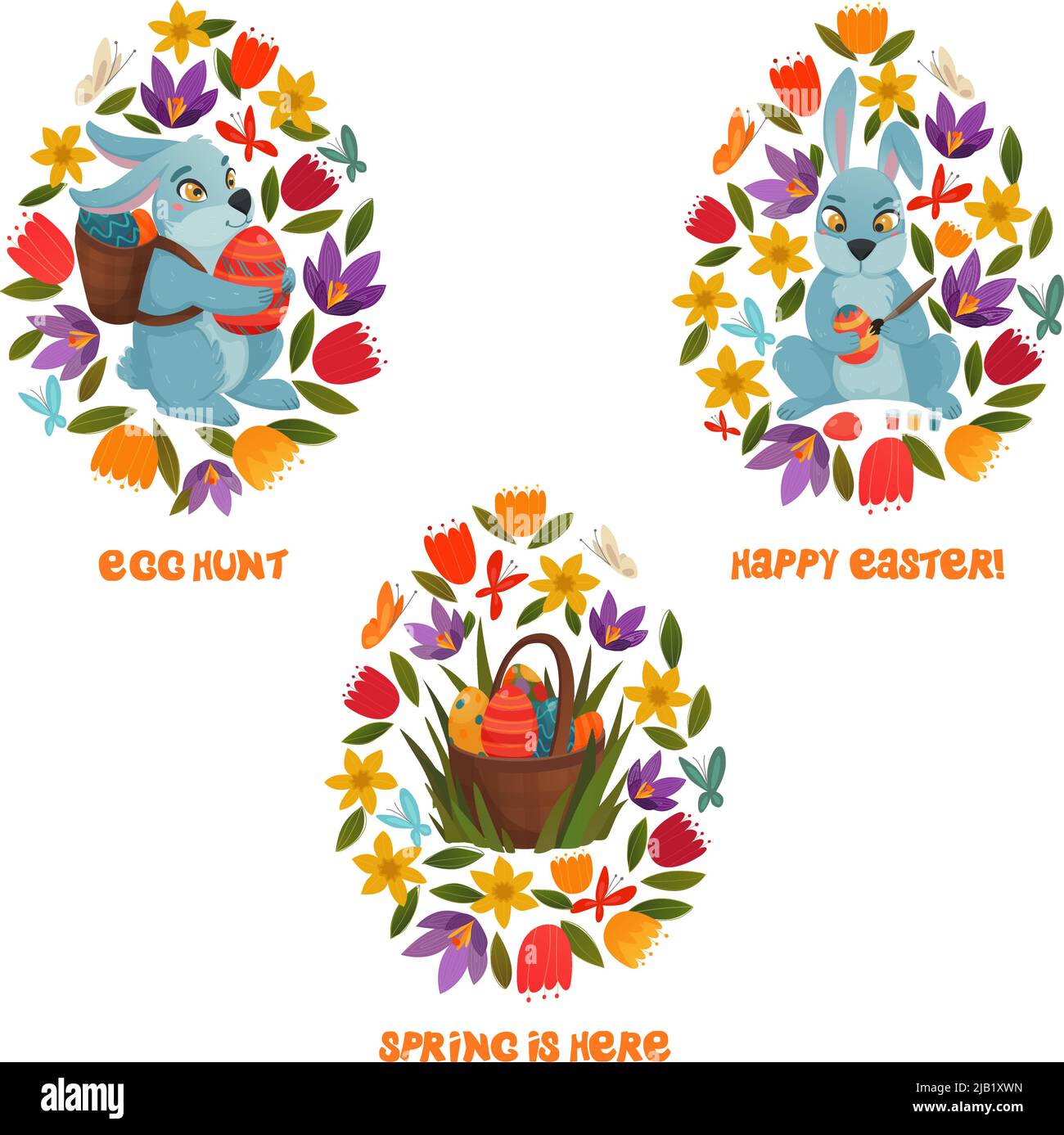 Easter celebration 3 stylish colorful icons composition with eggs hunt ...